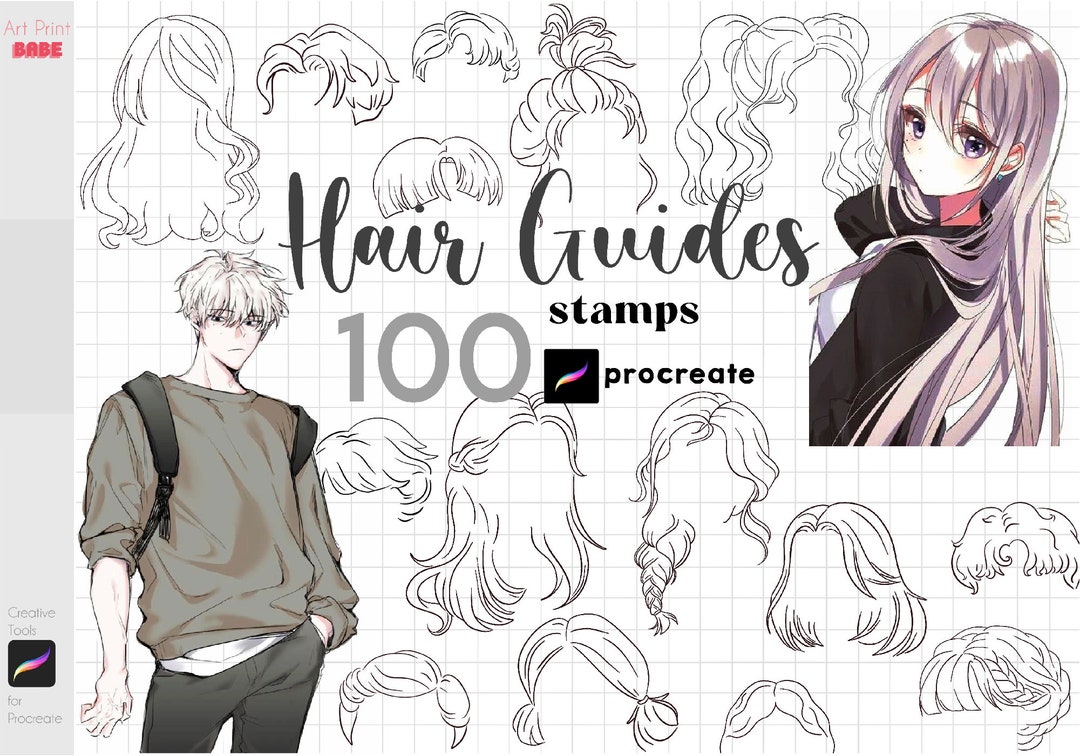 Procreate Hair Guides Stamp Brushes 100 Procreate Anime Hair Character ...