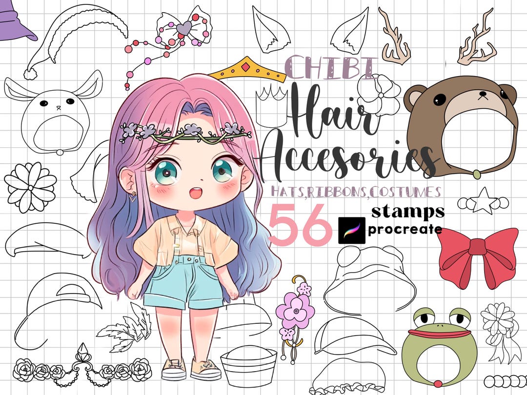 Procreate Chibi Stamps : Accessories Kawaii Outfit Hat Ribbon Costume ...
