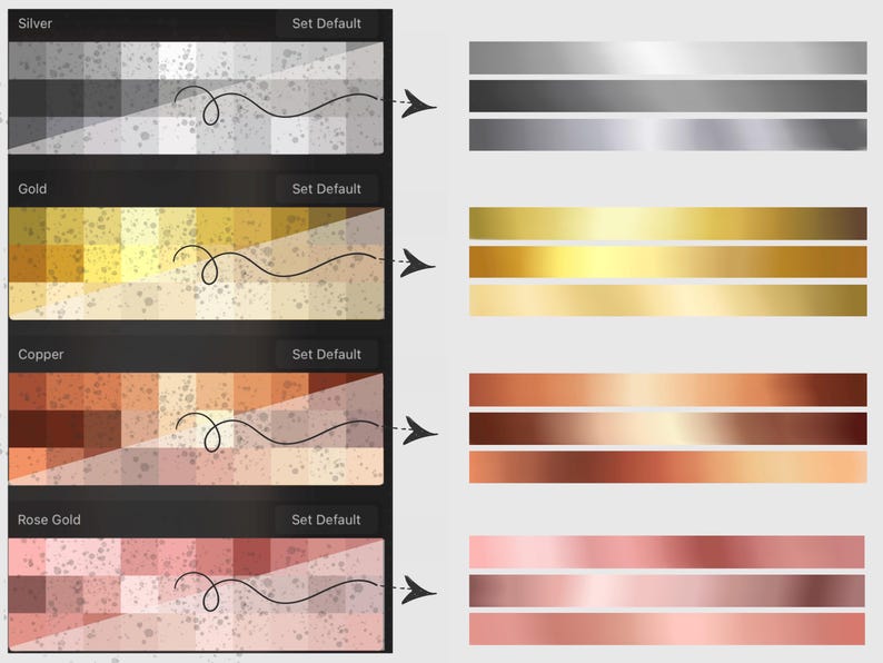 Procreate Metallic Color Palette : 210 Swatch Gold Rose Silver Copper ...