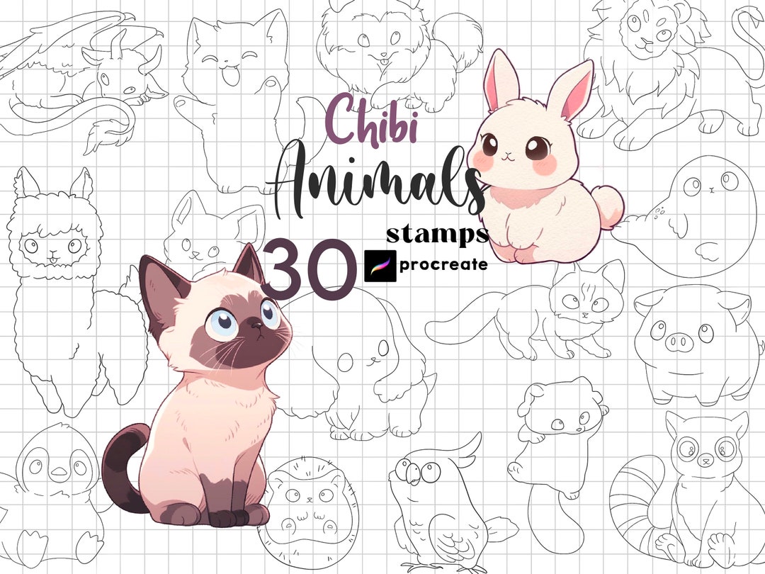 Procreate Chibi Animals Stamp Brush 30 Kawaii Animals Procreate Cute ...