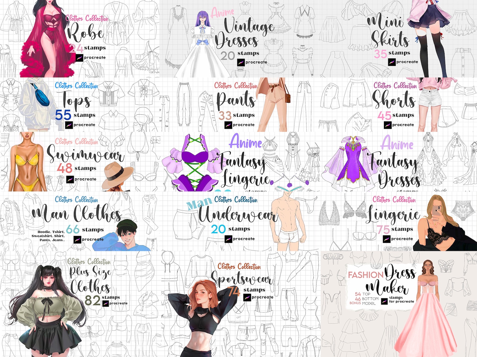 Procreate Clothing Stamps : Anime Clothes Dress Manga Outfit Character ...