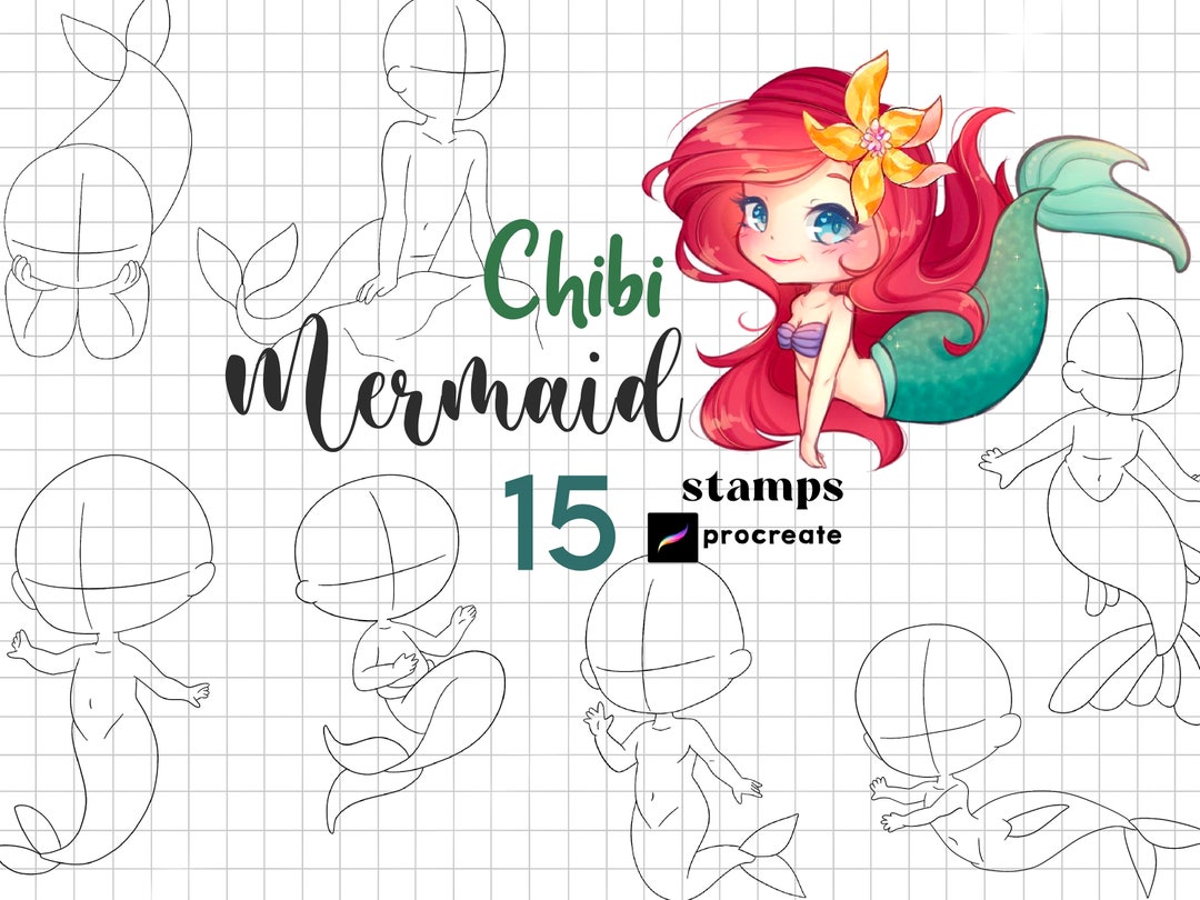 Procreate Chibi Mermaid Stamps : Chibi Fantasy Poses Siren Mermaids ...