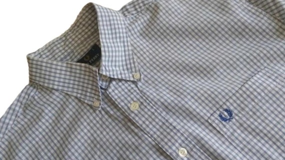 Vintage FRED PERRY Cotton White Blue Plaid Button Dow… - Gem