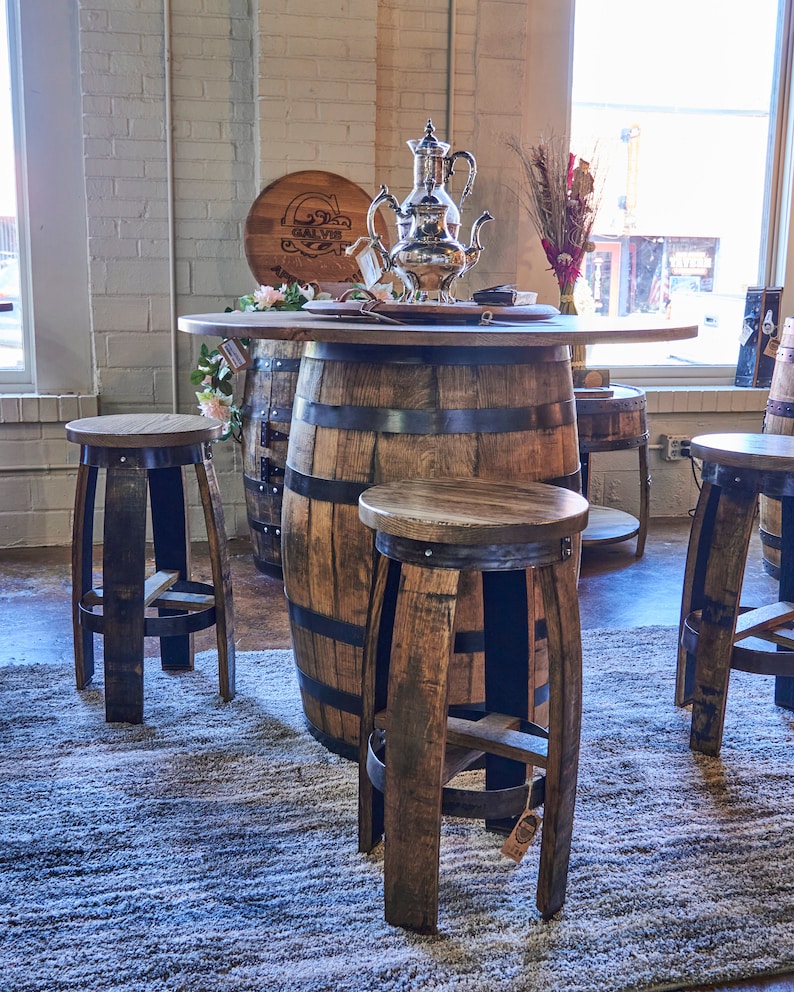 Whiskey Barrel Patio Table With Stools, Rustic Handmade Outdoor Pub ...