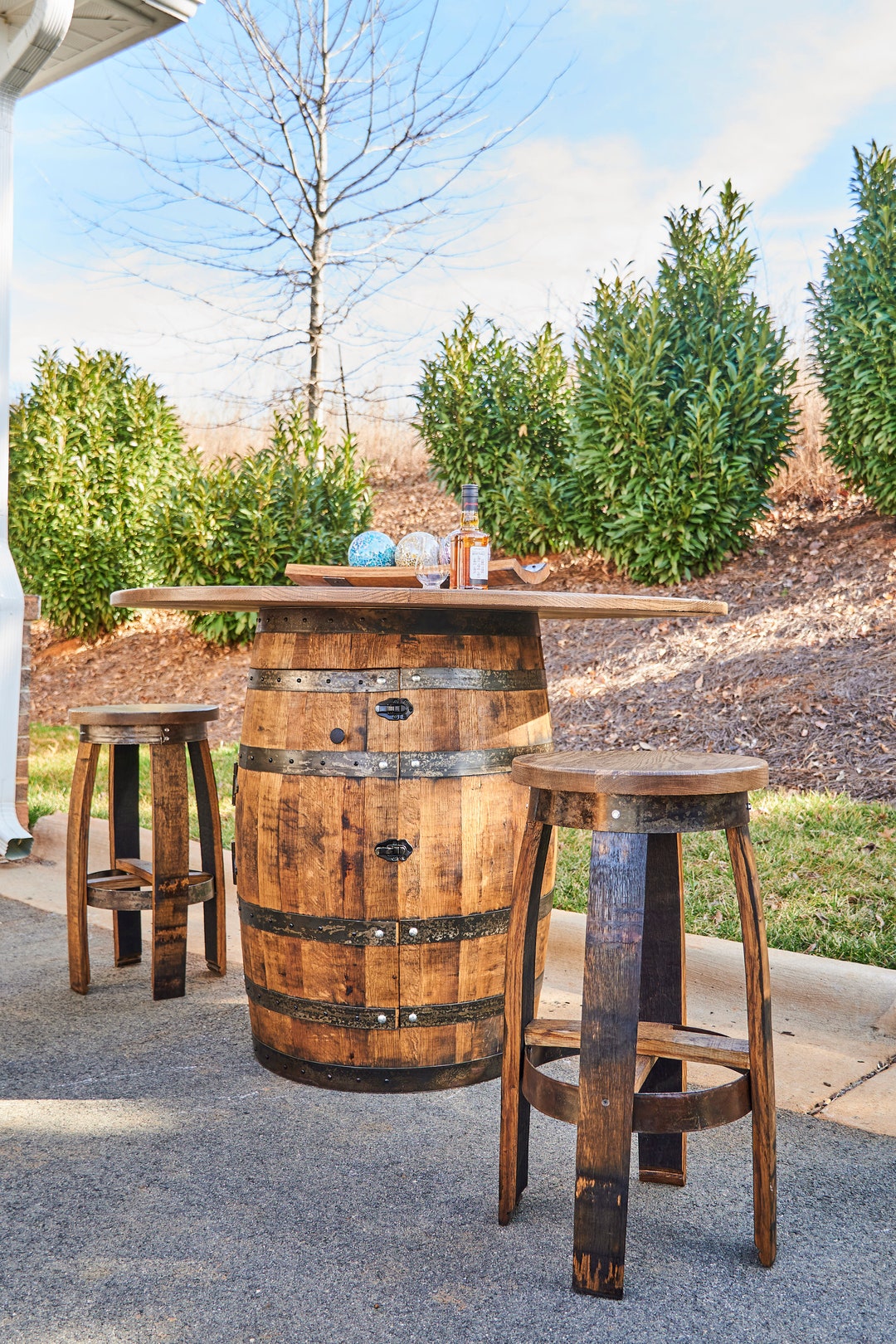 Bourbon Whiskey Barrel Table Set With 2 Stools and Round Top 32 - Etsy