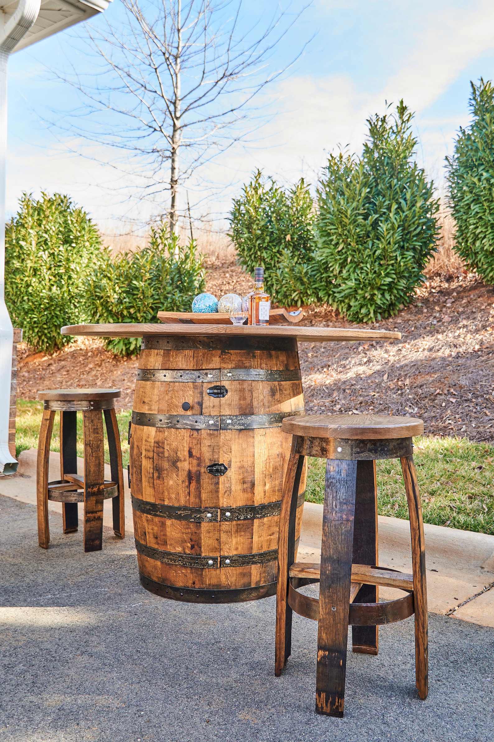 Whiskey Barrel Patio Table With Stools, Rustic Handmade Outdoor Pub ...