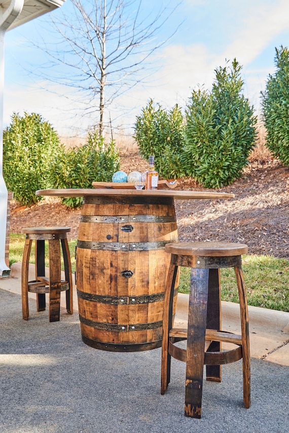 Whiskey Barrel Table Set With 2 Stools and Round Top 32 Etsy