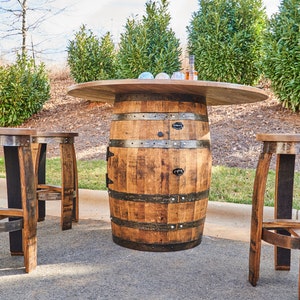 Whiskey Barrel Patio Table With Stools, Rustic Handmade Outdoor Pub ...