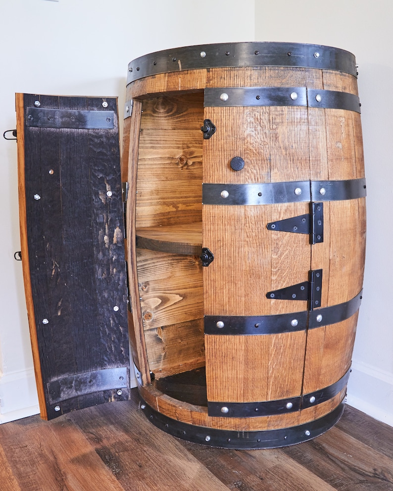 Whiskey Corner Barrel Cabinet With Double Doors, Rustic Handmade ...