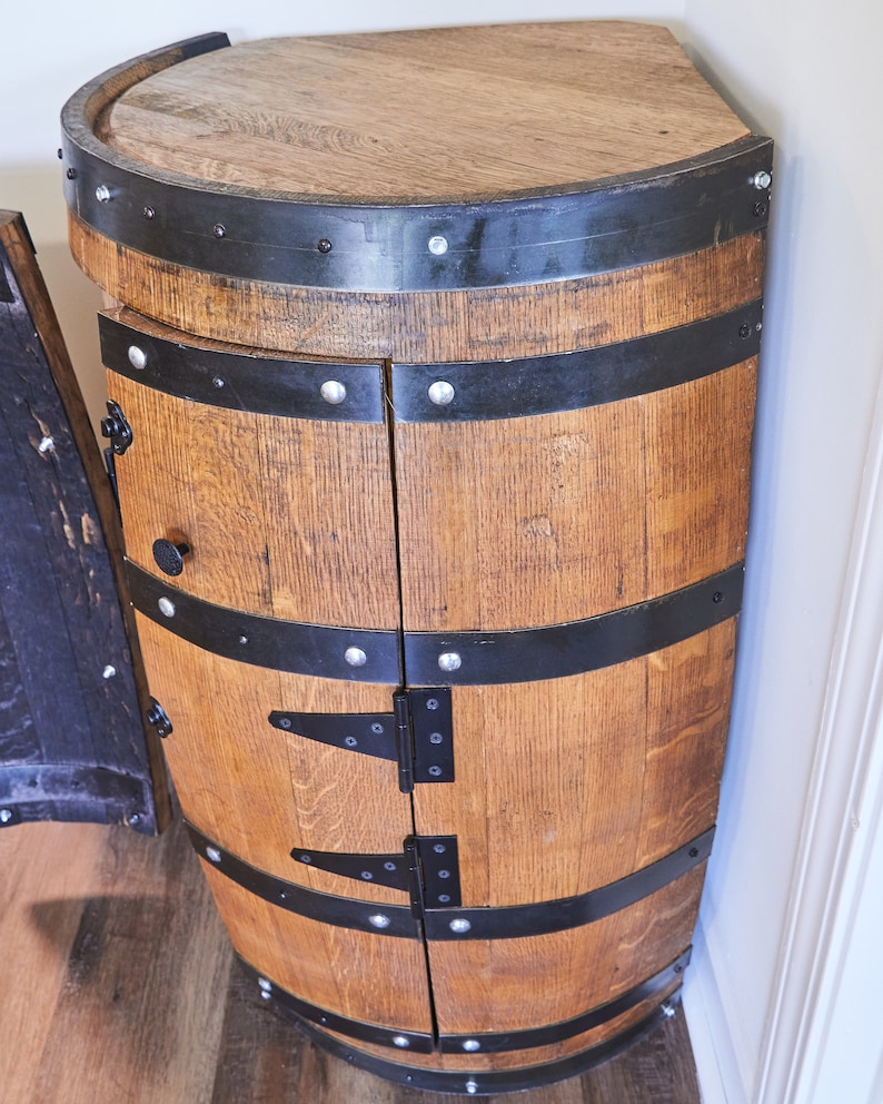Whiskey Corner Barrel Cabinet With Double Doors, Rustic Handmade ...