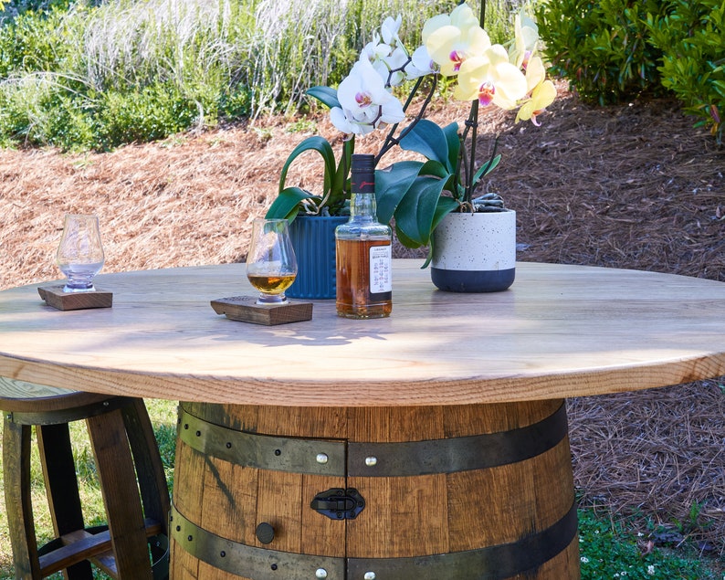 Whiskey Barrel Patio Table With Stools, Rustic Handmade Outdoor Pub ...