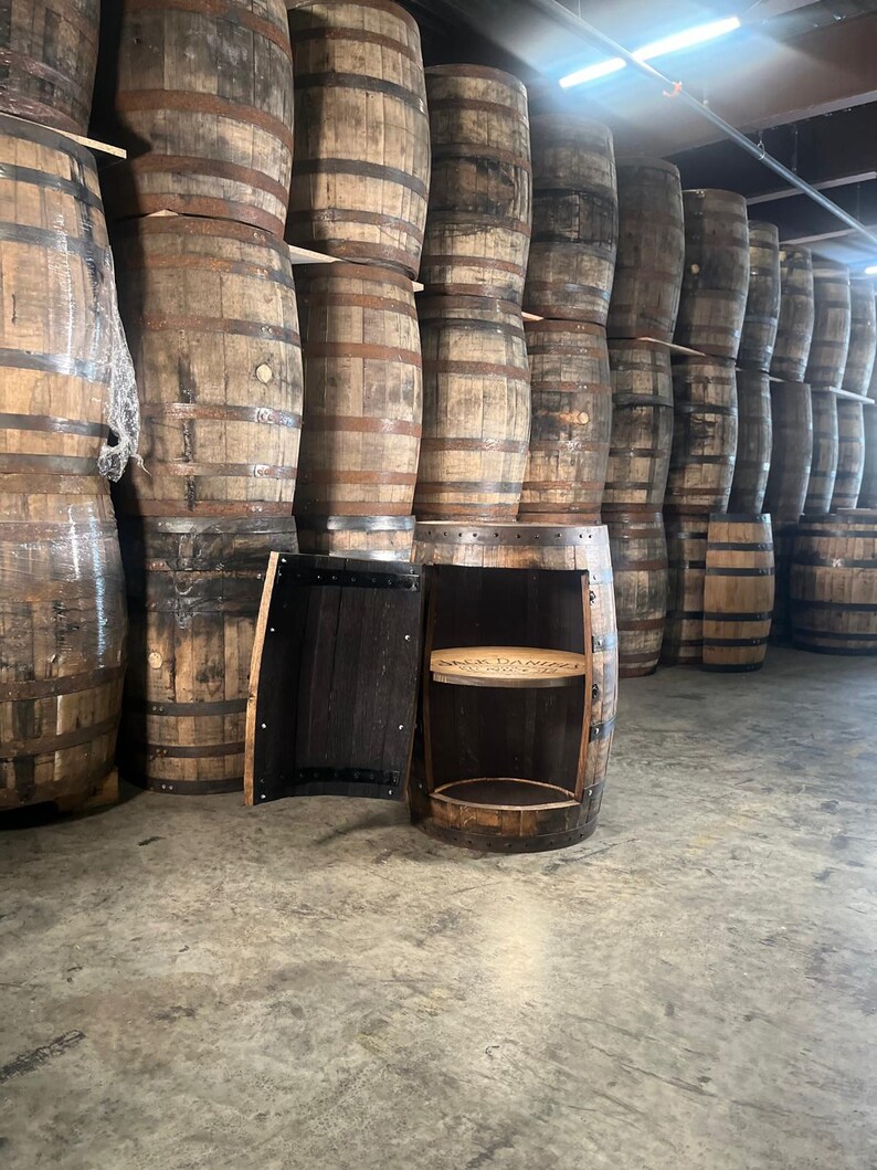 Handmade Whiskey Barrel Bar Cabinet: Rustic Liquor Display With Custom ...