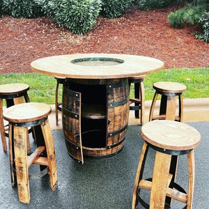 Whiskey Barrel Patio Table With Stools, Rustic Handmade Outdoor Pub ...