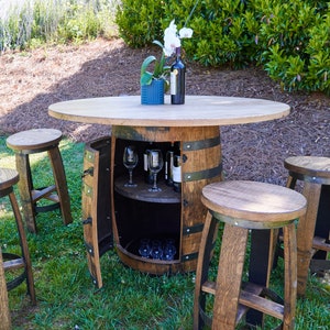 Whiskey Barrel Patio Table With Stools, Rustic Handmade Outdoor Pub ...