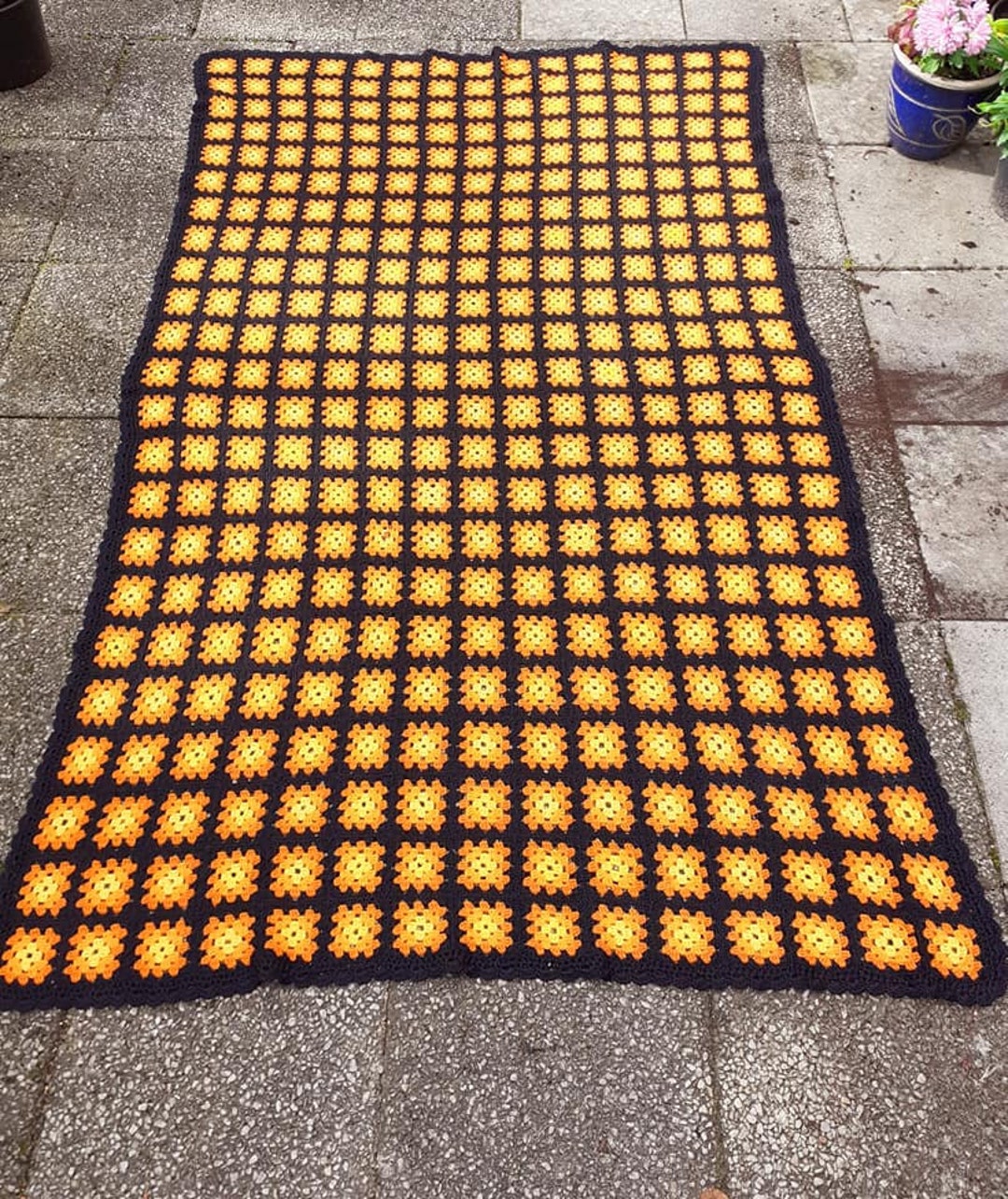 Vintage Black , Orange & Yellow Granny Square Afghan Blanket Swedish ...