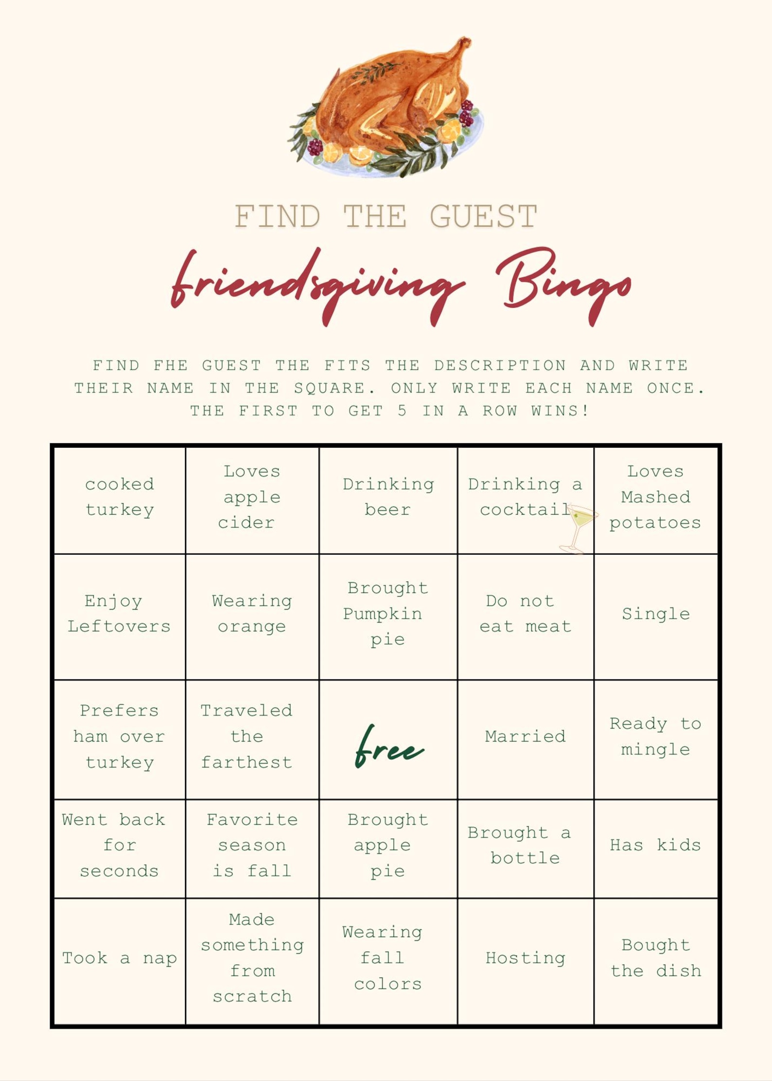 Friendsgiving Bingo Card Game Bingo Card Bingo Game Thanksgiving Game ...