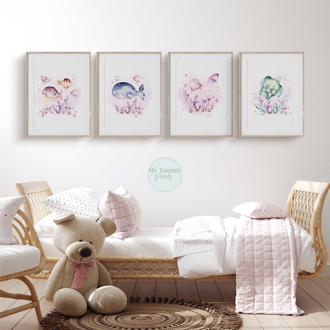 Girls Ocean Life Marine Set of 4, Sea Life, Nursery Wall Art, Girls ...