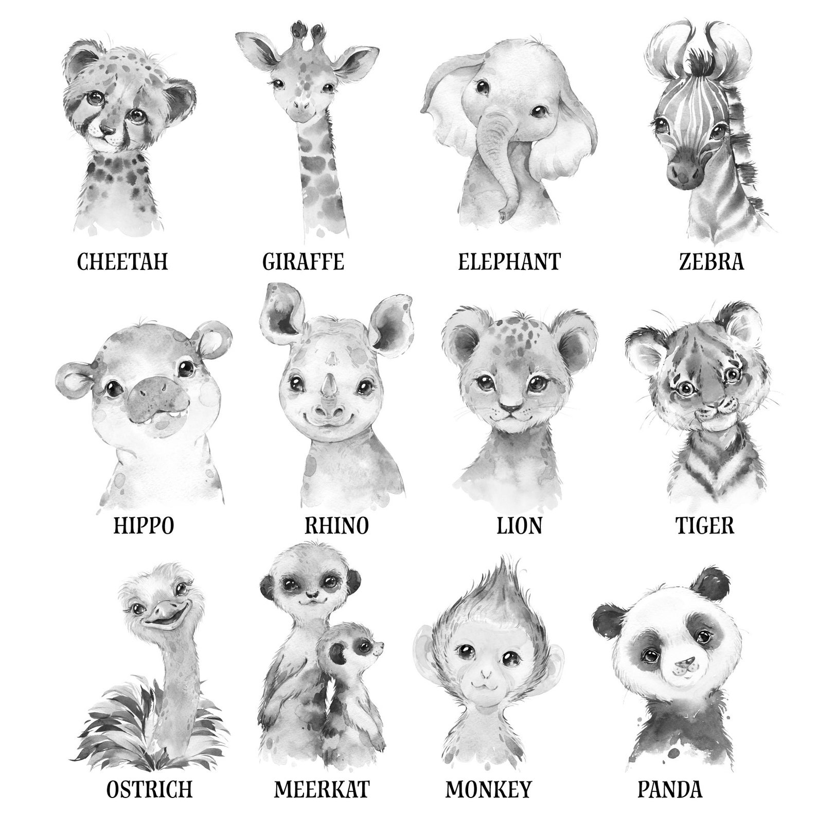 Black & White Safari Jungle Animals Set safari wall art boys | Etsy