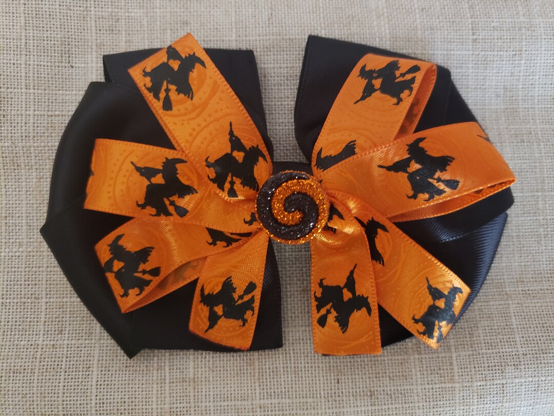 Orange and Black Witch on Broomstick Bow - Etsy