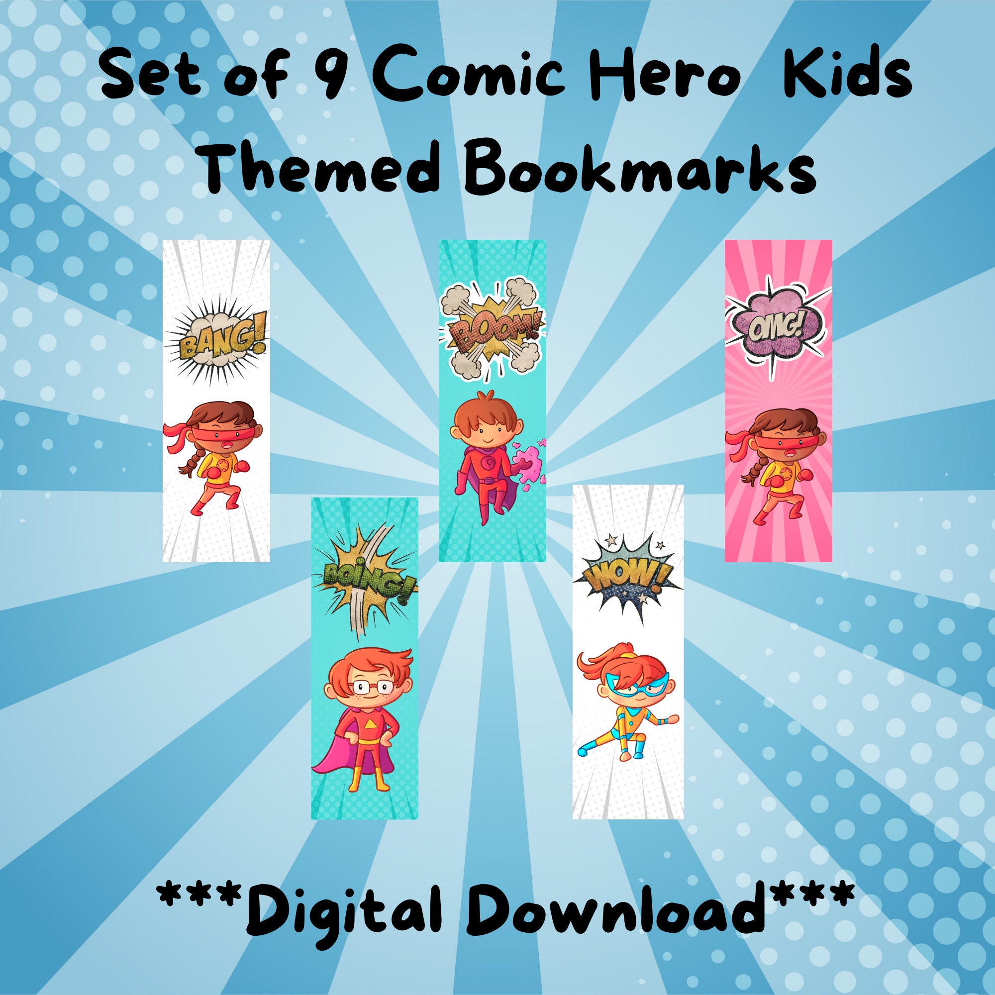 Set of 9 Comic Kids Bookmarks, Super Hero Themed Bookmarks, Digital ...