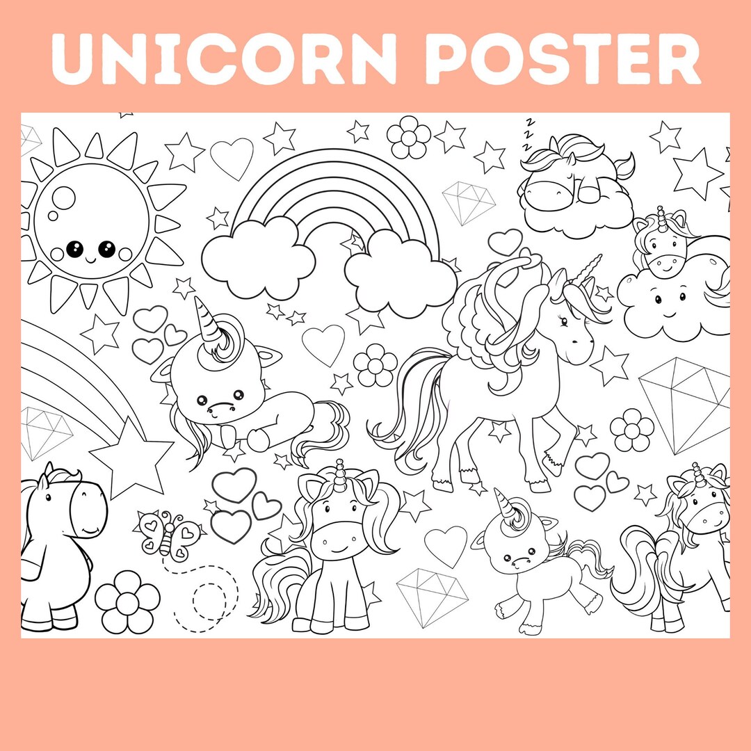 Adorable Unicorn Digital Coloring Poster for Kids, Printable Coloring ...