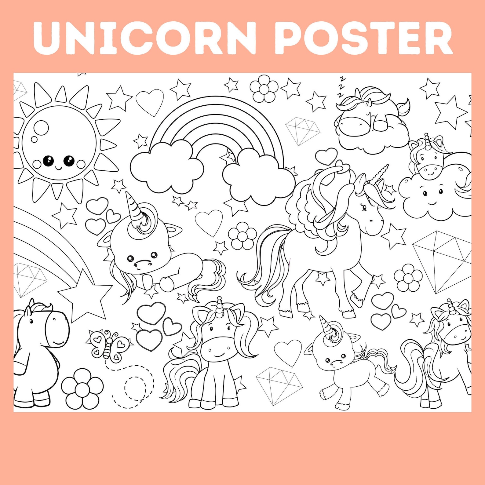 Adorable Unicorn Digital Coloring Poster for Kids, Printable Coloring ...