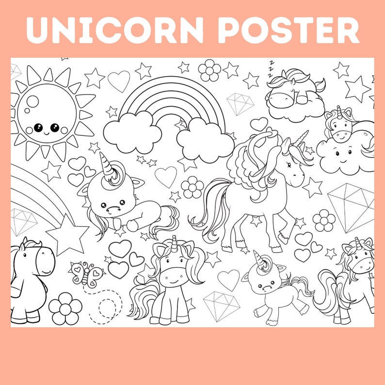 Adorable Unicorn Digital Coloring Poster for Kids, Printable Coloring ...