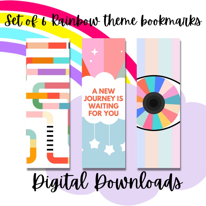 Set of 6 Printable Bookmarks, Bright Rainbow Themed Bookmarks, Rainbow ...