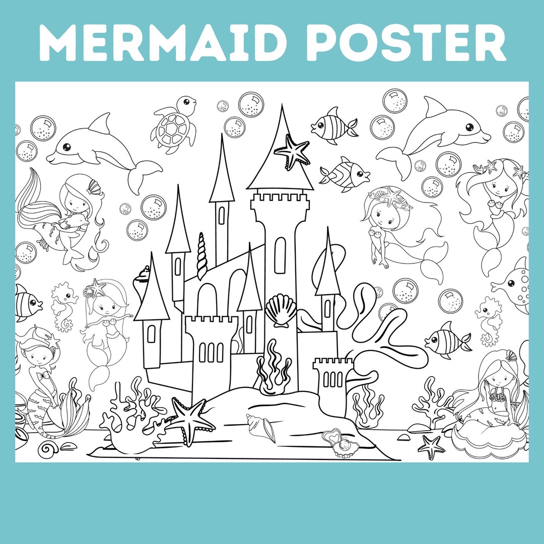 Mermaid Themed Digital Coloring Poster for Kids, Printable Mermaid ...