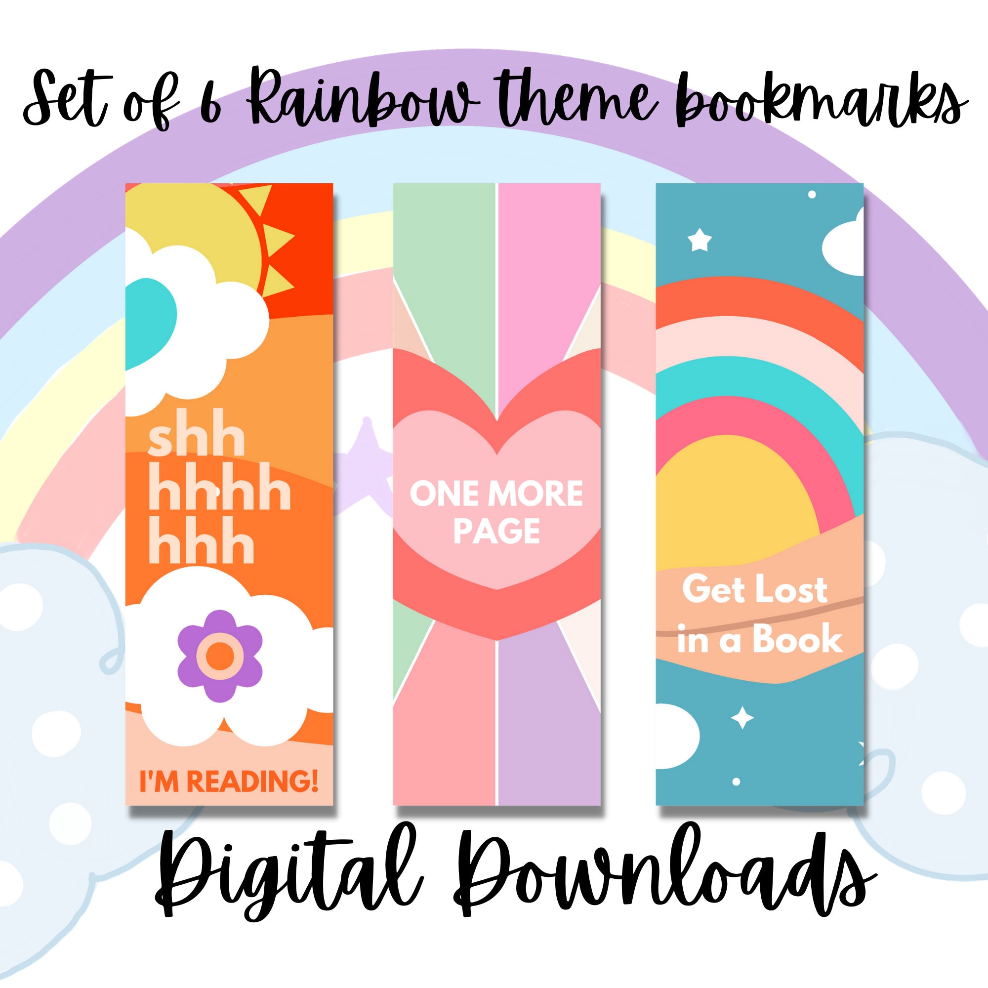 Set of 6 Printable Bookmarks, Bright Rainbow Themed Bookmarks, Rainbow ...