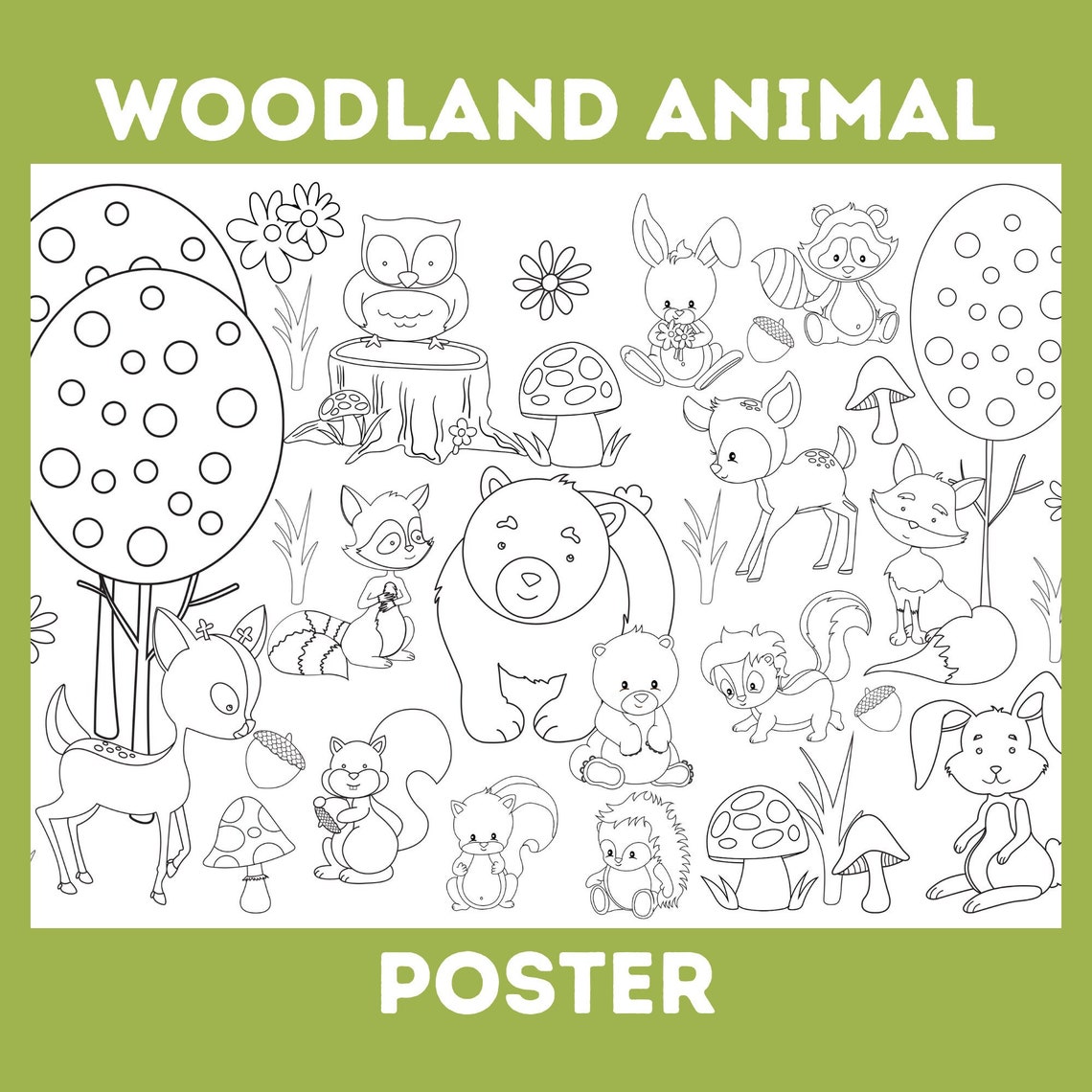 Woodland Animal Themed Digital Coloring Poster for Kids | Etsy