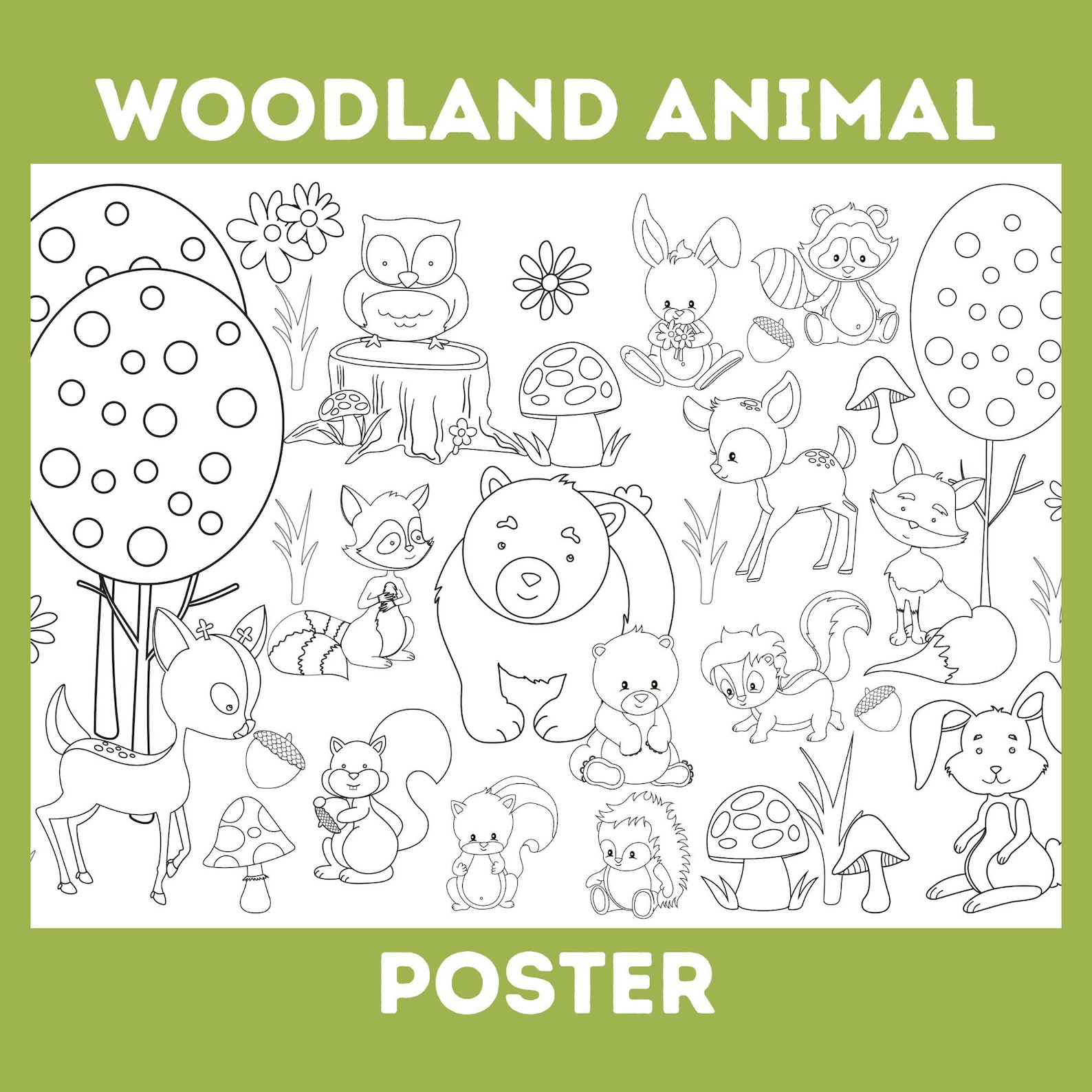 Woodland Animal Themed Digital Coloring Poster for Kids | Etsy