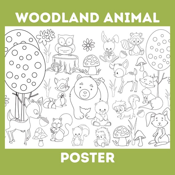 Woodland Animal Themed Digital Coloring Poster for Kids | Etsy