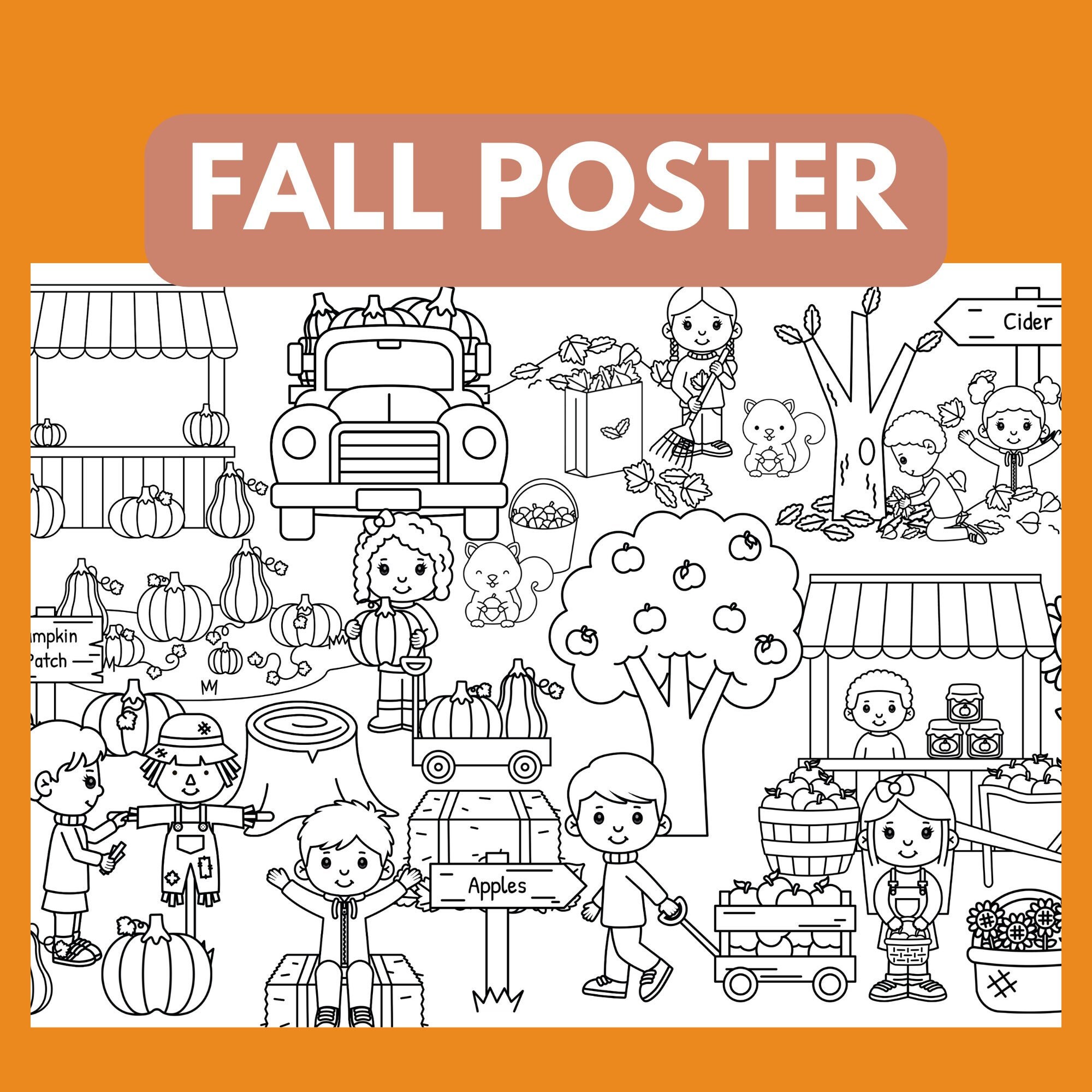 Fall Themed Digital Coloring Poster for Kids, Printable Fall Coloring ...