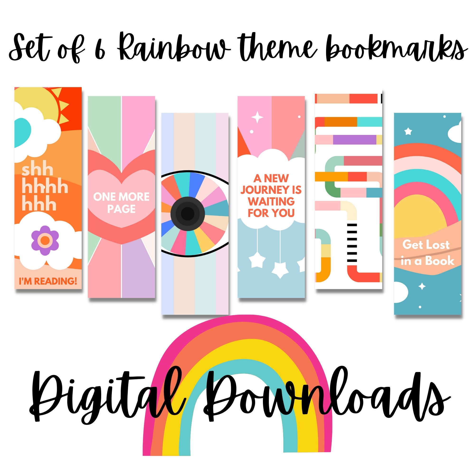 Set of 6 Printable Bookmarks, Bright Rainbow Themed Bookmarks, Rainbow ...