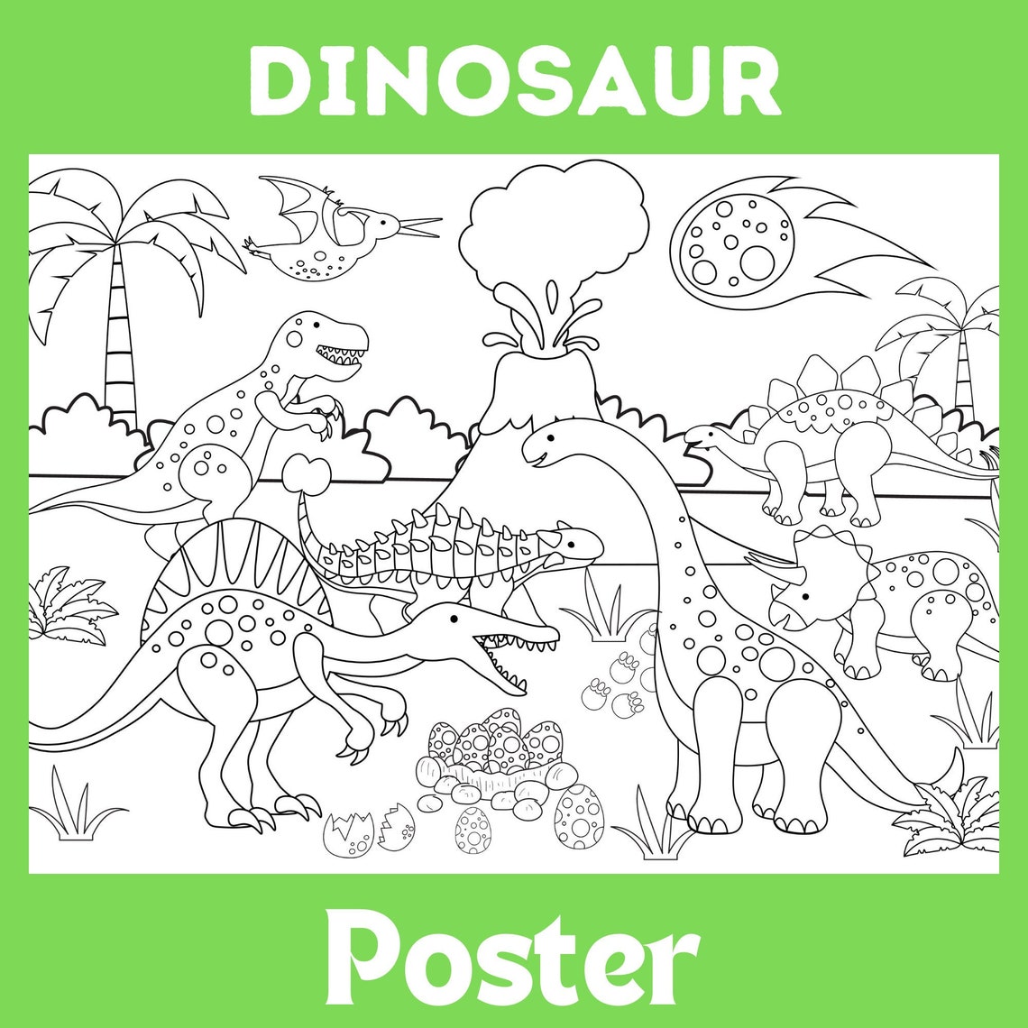 Dinosaur Digital Coloring Poster for Kids, Printable Dino Coloring ...
