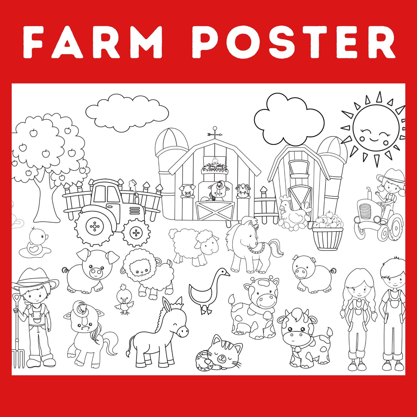 Farm Themed Digital Coloring Poster for Kids, Printable Farm Coloring ...
