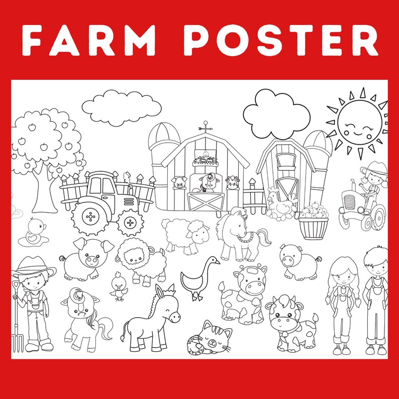 Farm Themed Digital Coloring Poster for Kids, Printable Farm Coloring ...