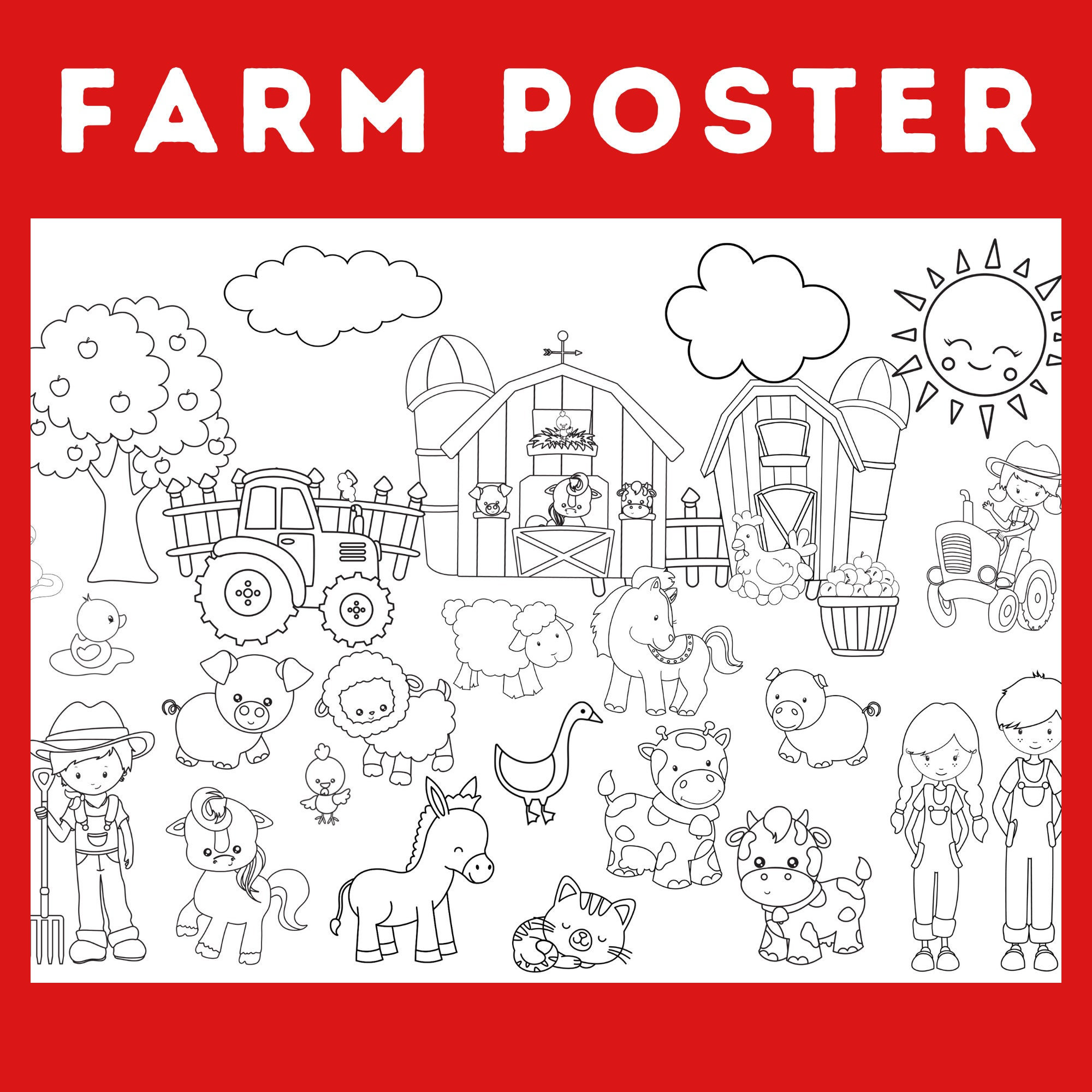 Farm Themed Digital Coloring Poster for Kids, Printable Farm Coloring ...