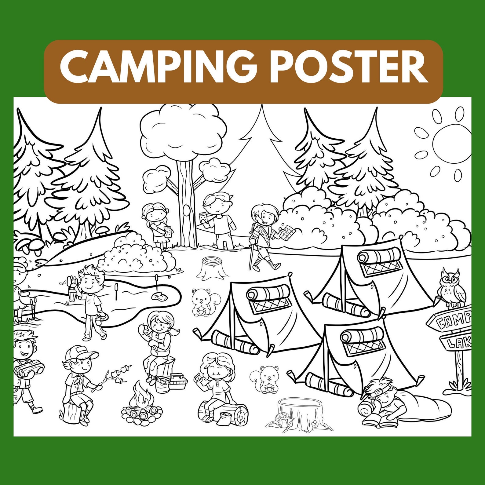 Camping Themed Coloring Poster for Kids, Printable Camping Coloring ...