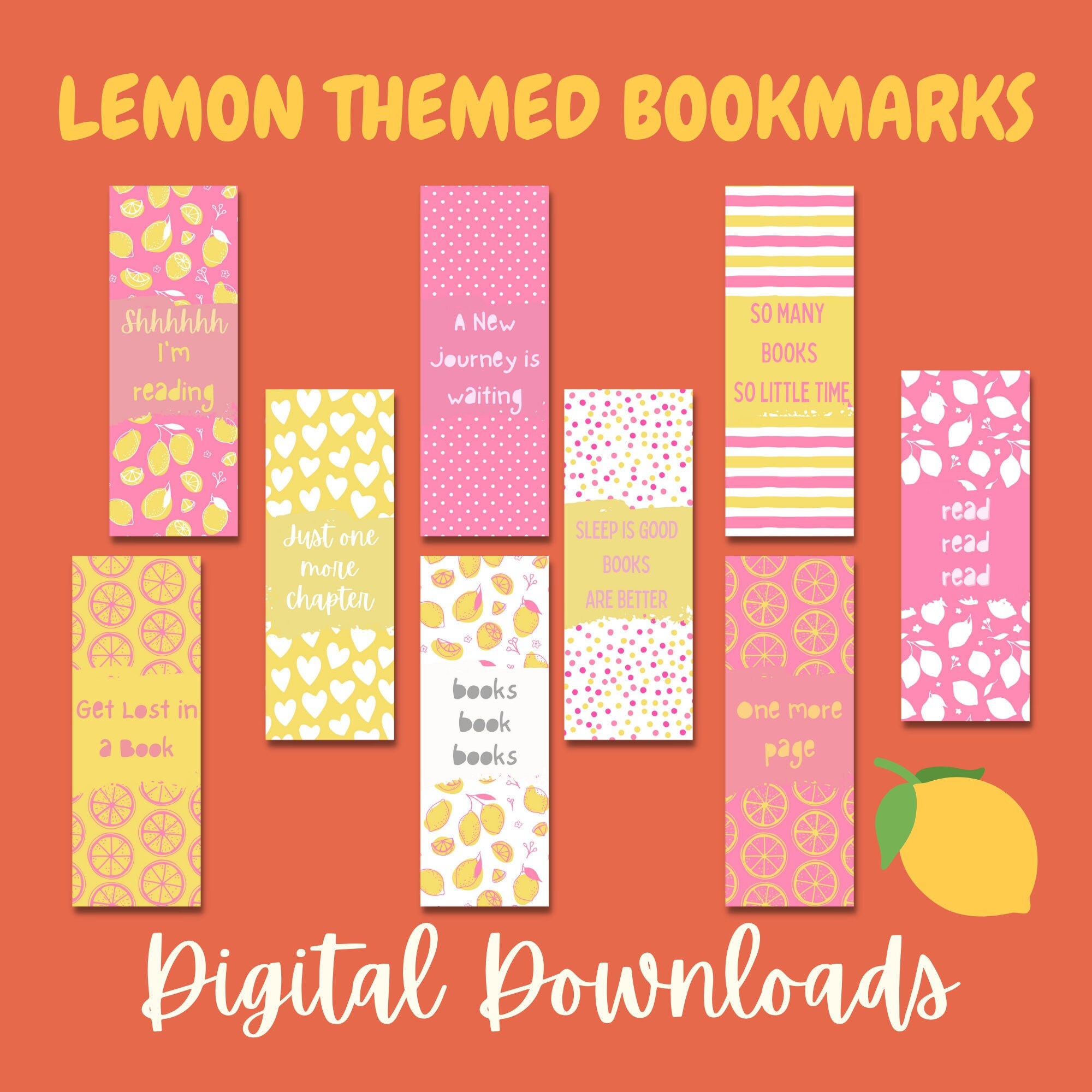 Set of 9 Lemonade Themed Bookmarks, Printable Bookmarks, Lemon Themed ...