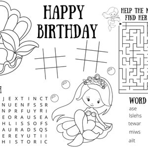 Mermaid Birthday Placemat for Kids, Kids Coloring and Activity Placemat ...