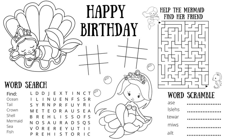 Mermaid Birthday Placemat for Kids, Kids Coloring and Activity Placemat ...