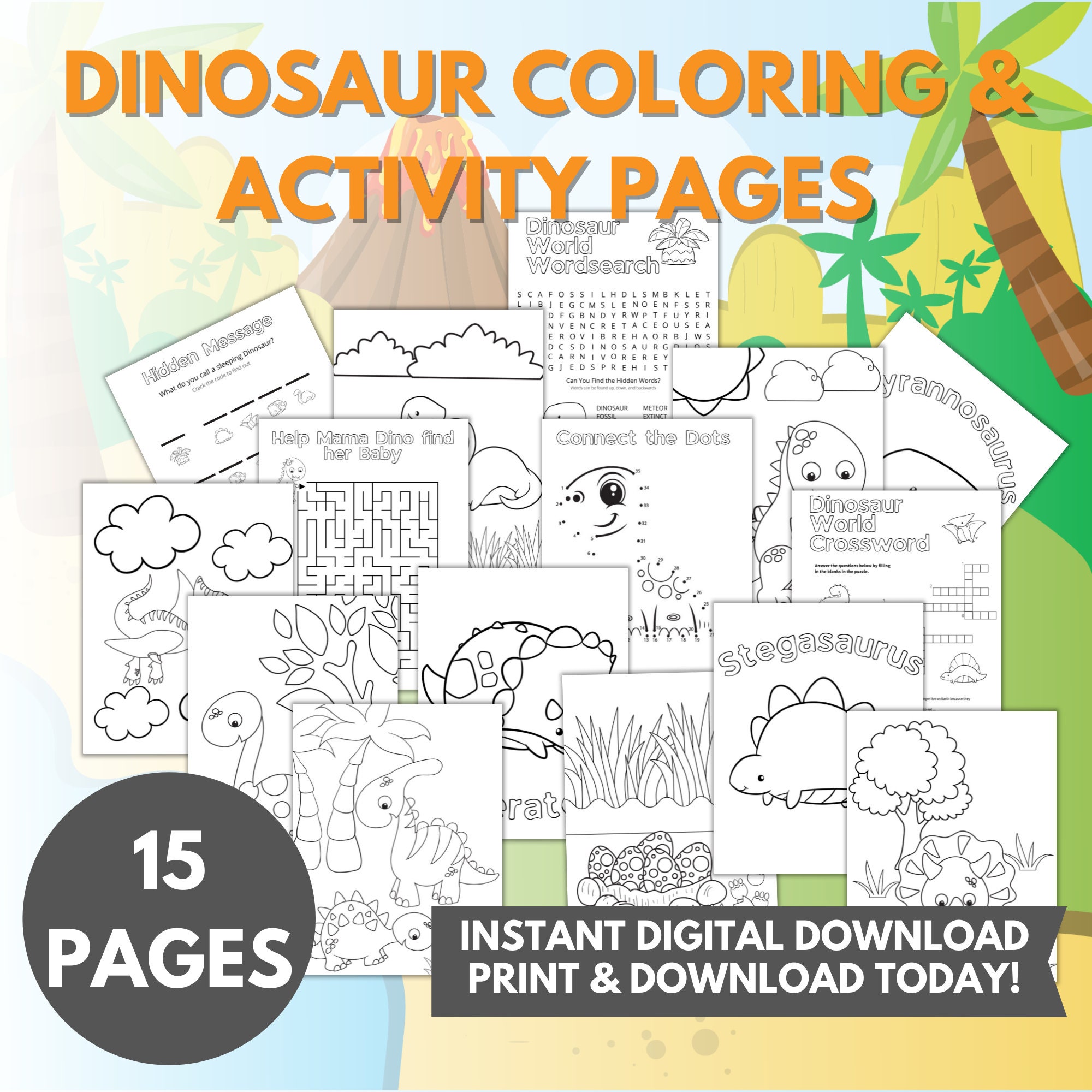 Fun Dinosaur Coloring Pages for Kids, Dinosaur Printables, Dinosaur ...