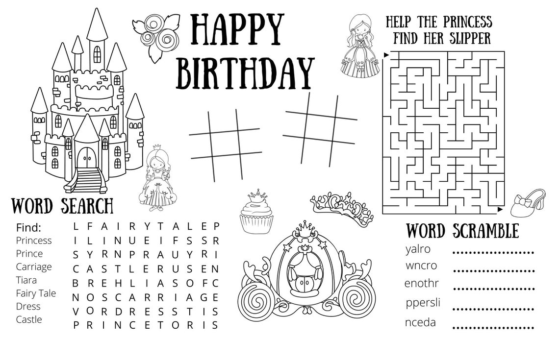 Princess Themed Birthday Placemat for Kids, Kids Activity Birthday Mat ...
