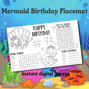 Mermaid Birthday Placemat for Kids, Kids Coloring and Activity Placemat ...