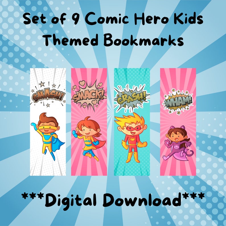 Set of 9 Comic Kids Bookmarks, Super Hero Themed Bookmarks, Digital ...
