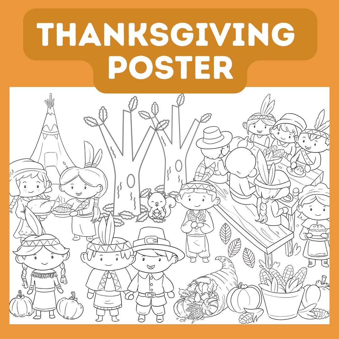Thanksgiving Themed Digital Coloring Kids Poster, Printable ...
