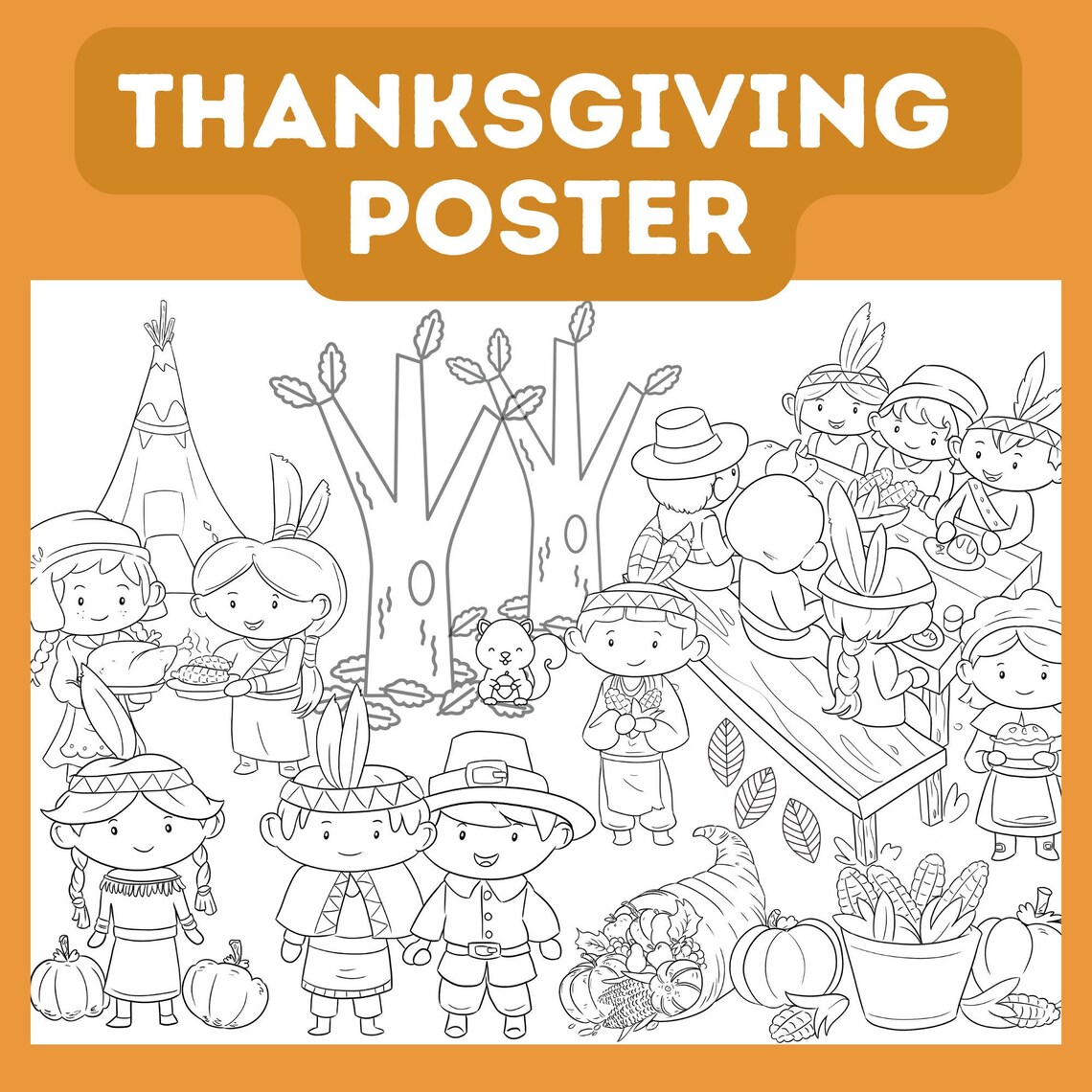 Thanksgiving Themed Digital Coloring Kids Poster, Printable ...
