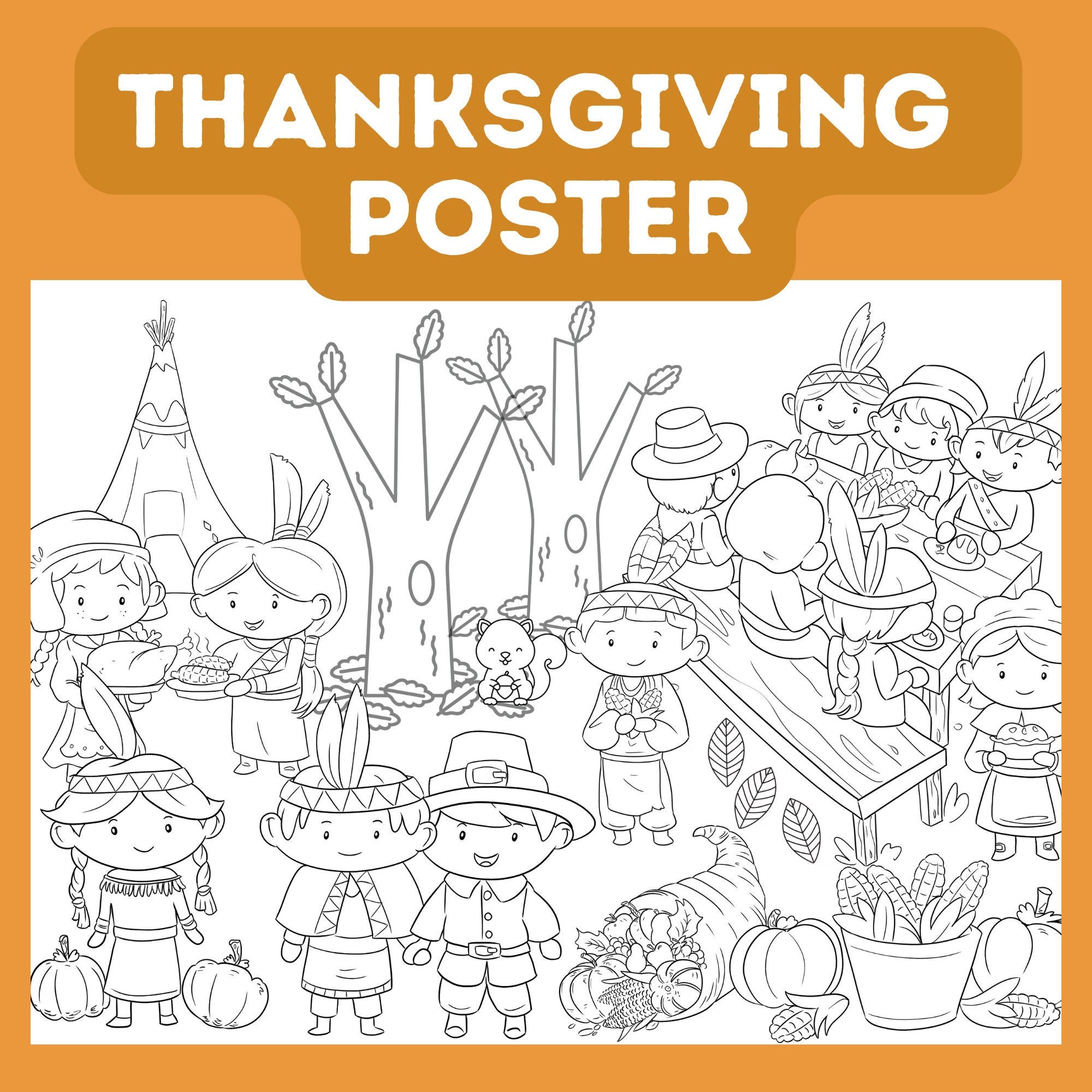 Thanksgiving Themed Digital Coloring Kids Poster, Printable ...